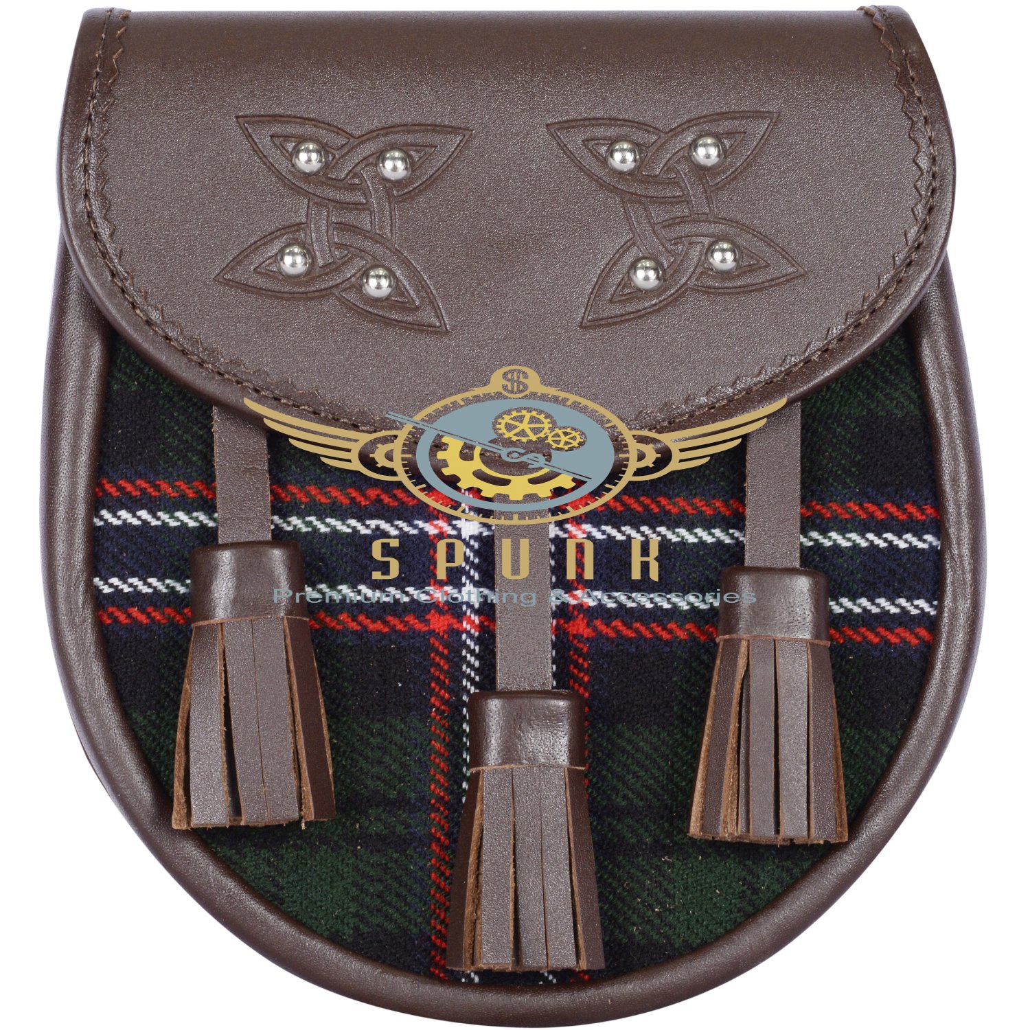 Premium - Brown Leather - Scottish National Tartan Scottish KILT SPORRAN Chain Strap