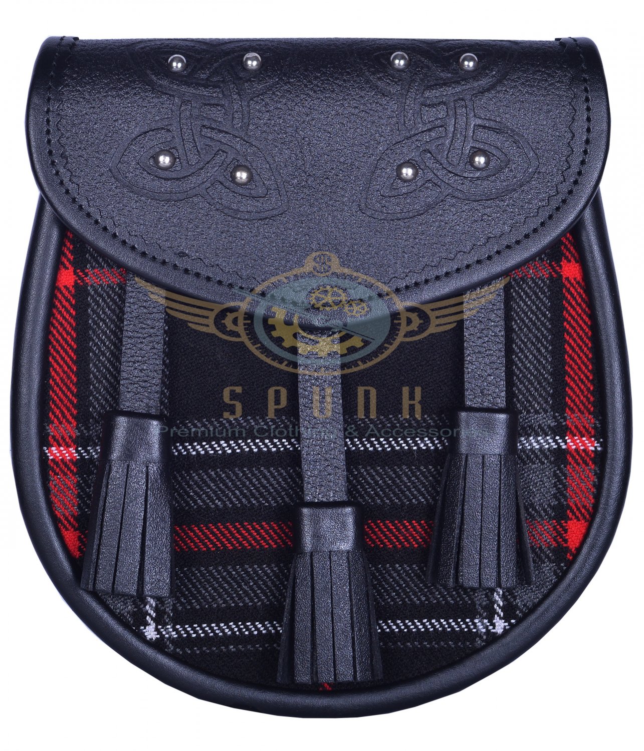 Premium - Black Leather - Spirit of Bruce Tartan Scottish KILT SPORRAN Chain Strap