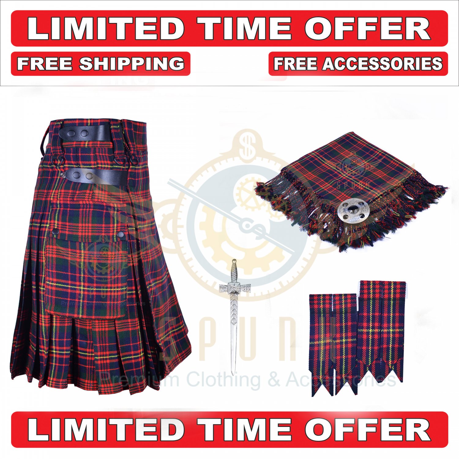 Scottish Cameron Tartan Utility Kilt For Men With Free Accessories