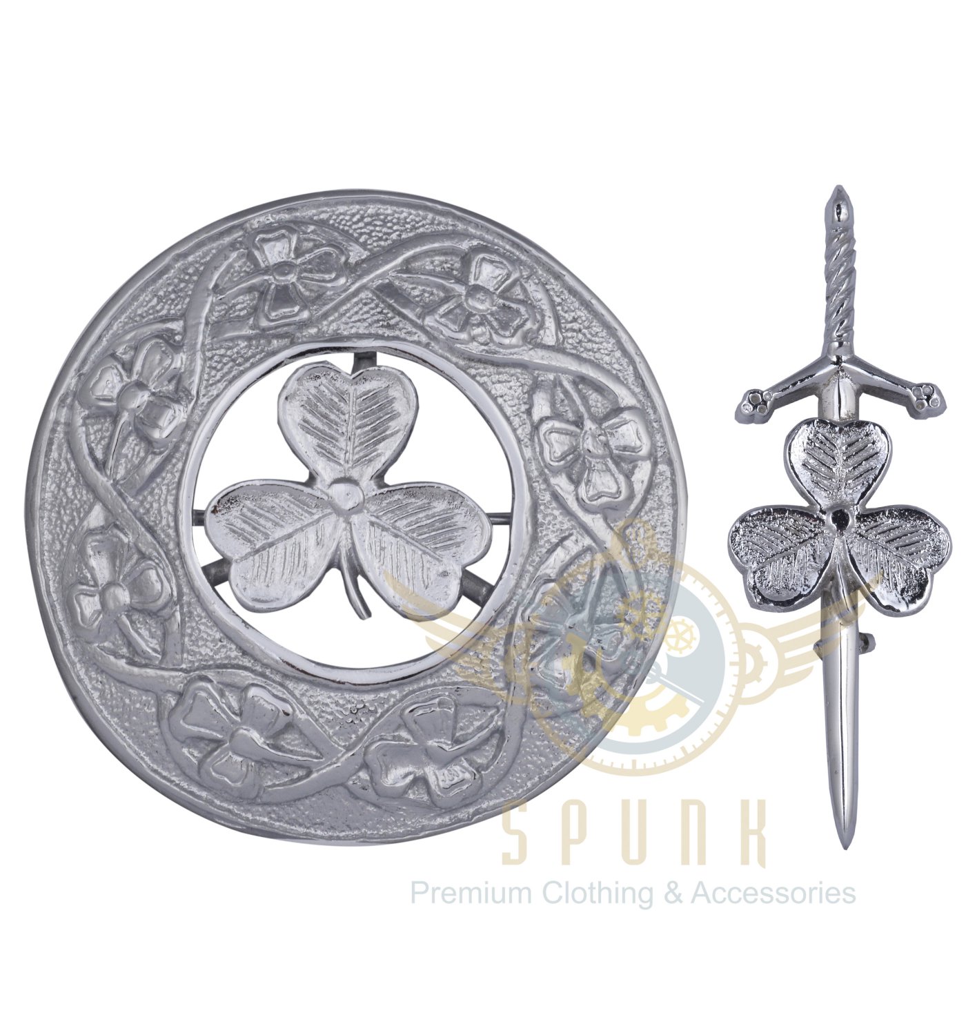 Celtic Irish Shamrock Fly Plaid Brooch Chrome Finish/Scottish Fly Plaid ...