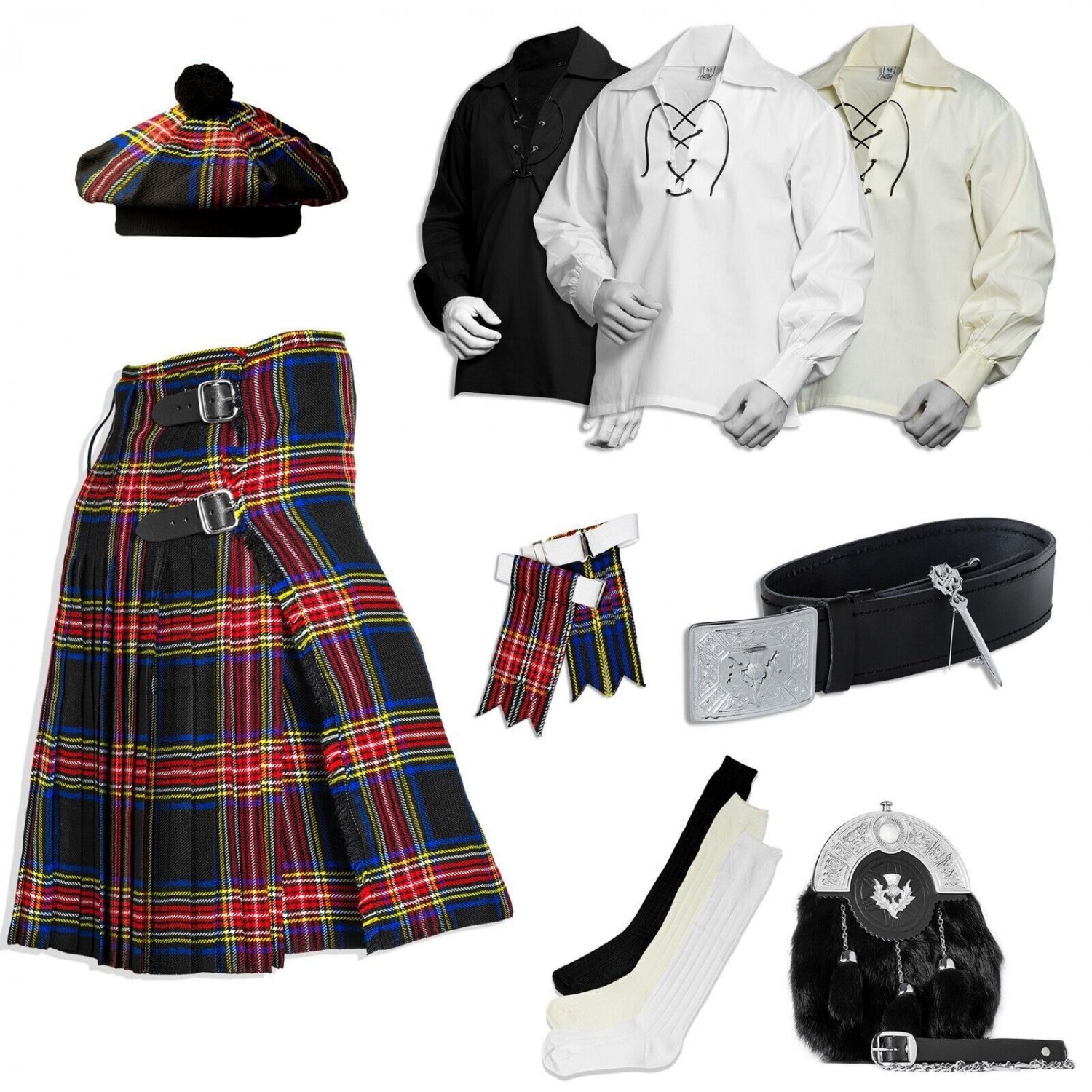 Scottish Black Stewart Tartan Kilt Set 8 Yards 9-Pieces kilt ...