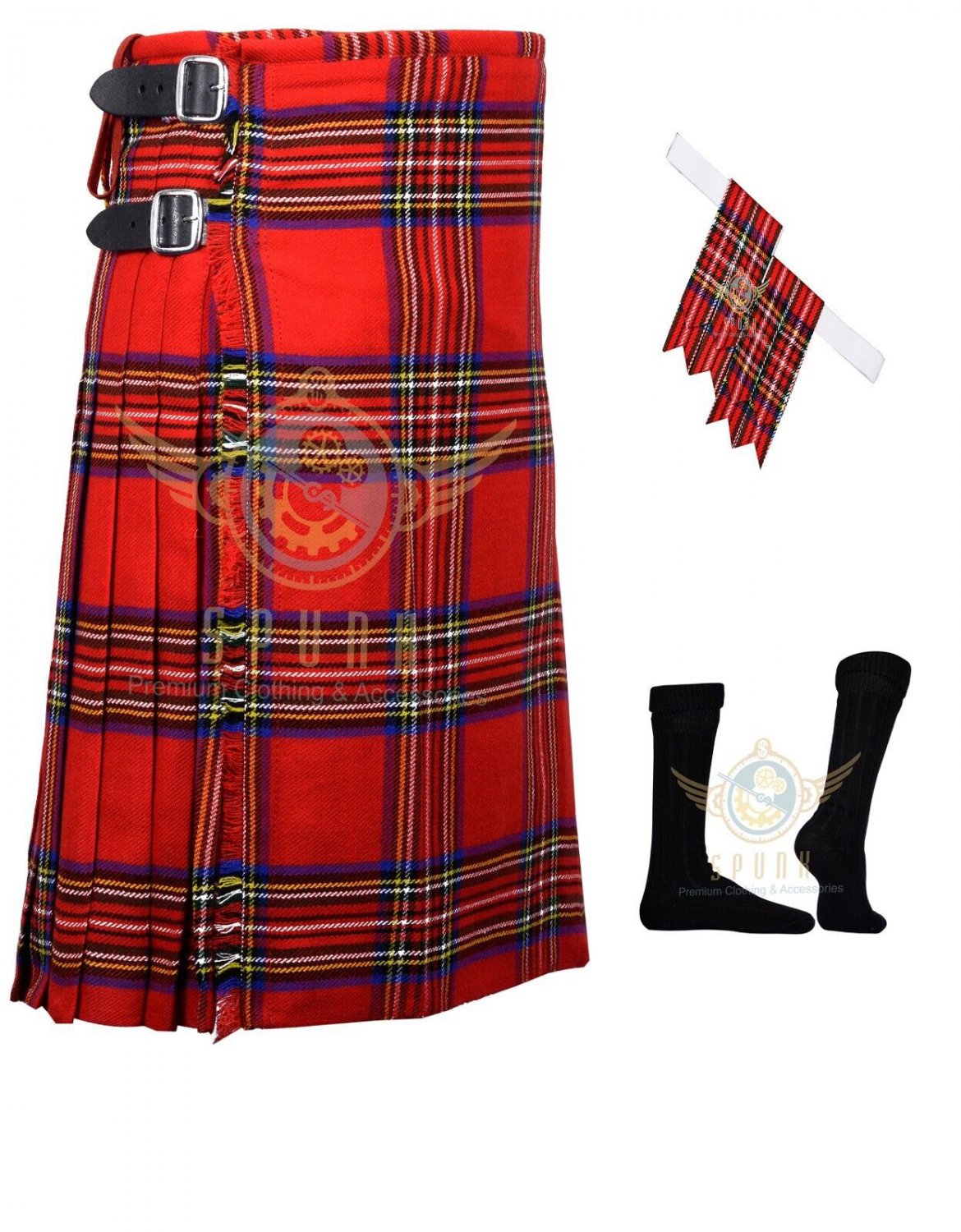 Scottish Men's Traditional 8 Yard Kilt Royal Stewart Tartan KILTS with Free - Flashes - Socks