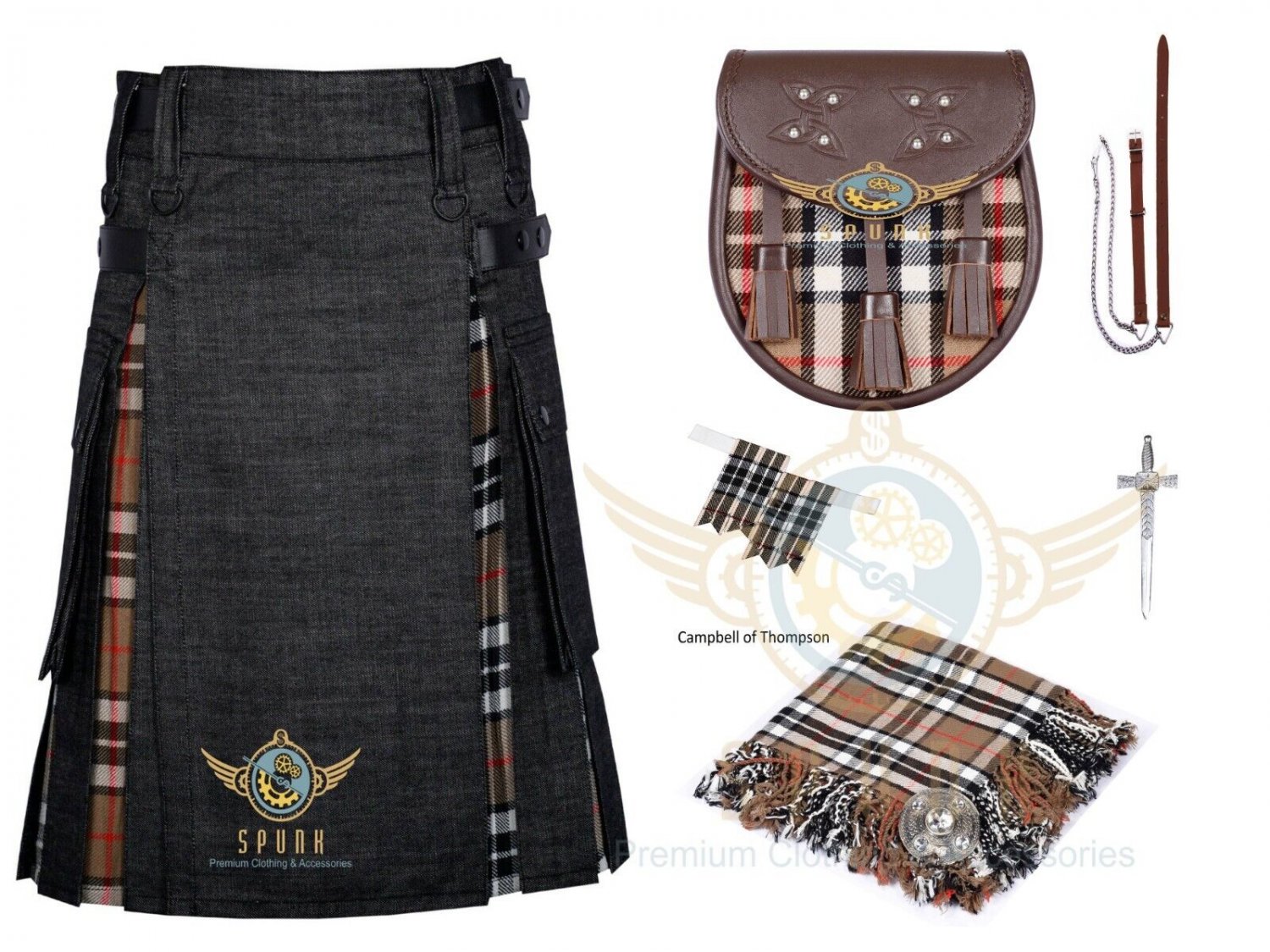 Scottish Utility Kilt Black Denim Camel Thompson Tartan Hybrid Kilt 8 ...