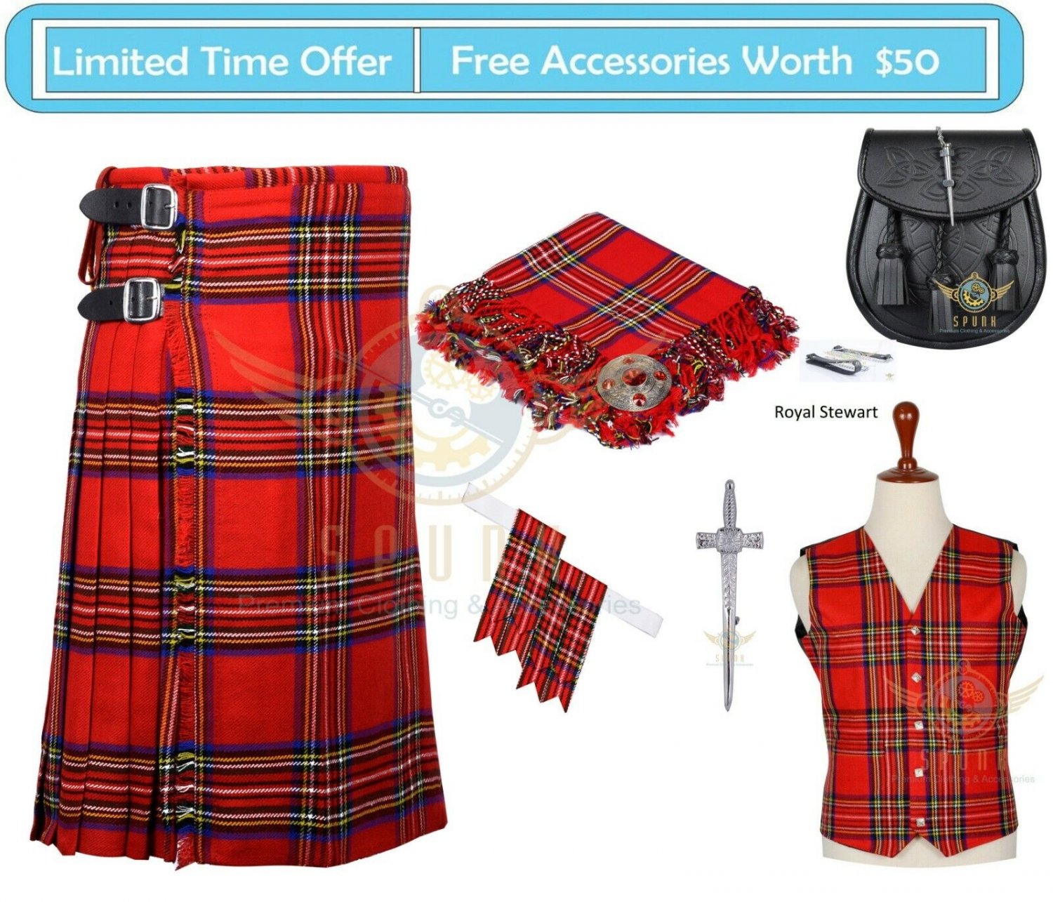 Scottish Royal Stewart Tartan 8 Yard KILT -Fly plaid - Brooch - kilt pin - Flashes - Sporran - Vest
