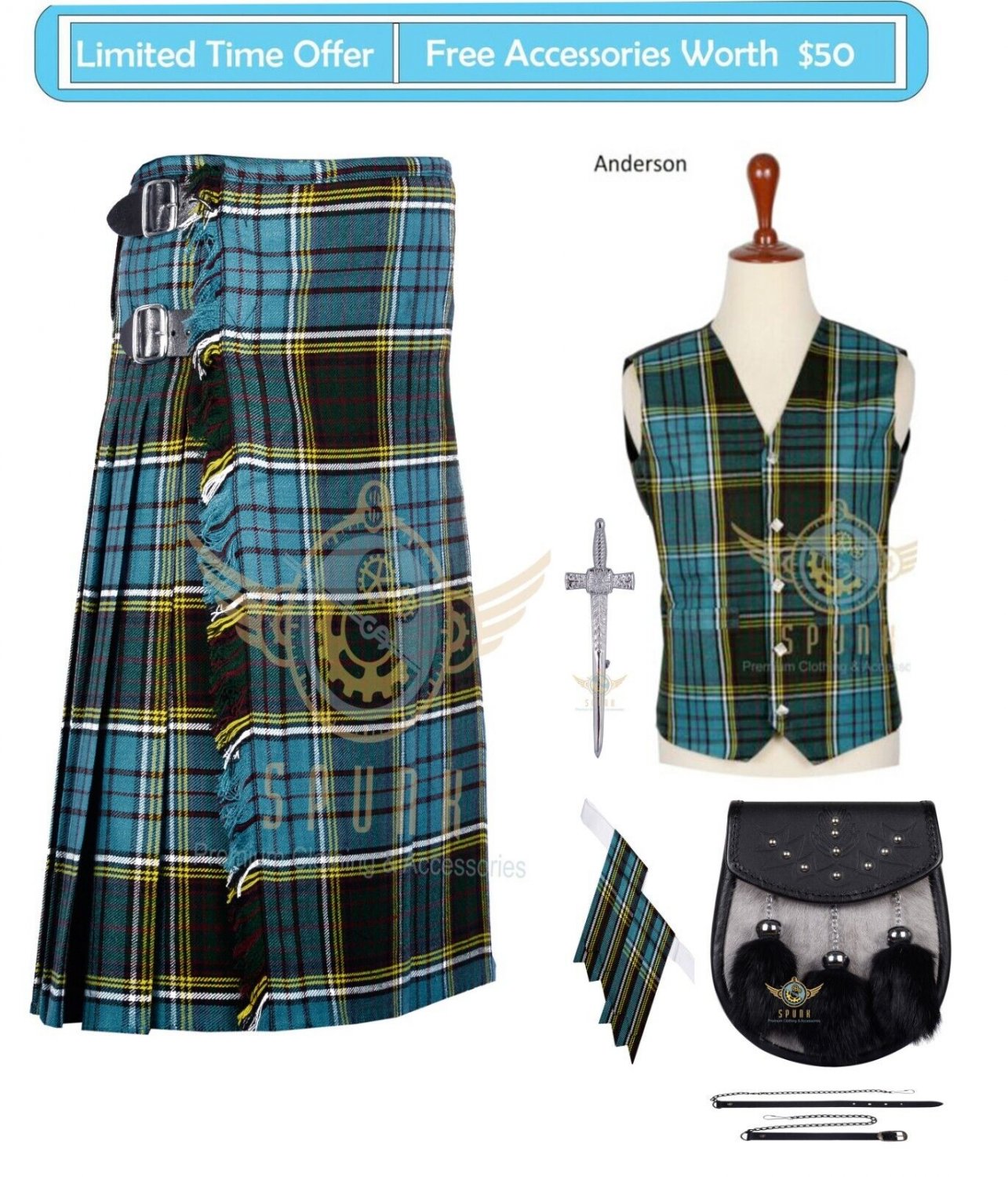 New Scottish 8 Yard Anderson Tartan kilts for men Highland Multi tartan Casual men's kilt