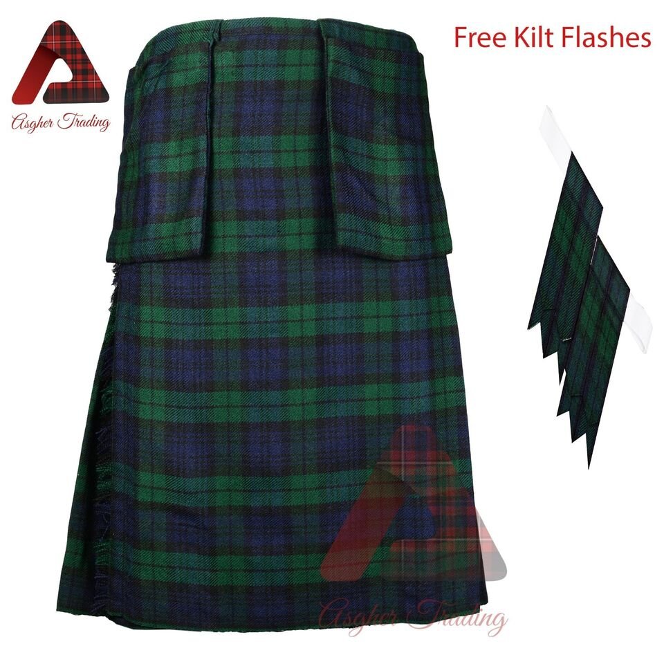 Scottish Handmade Traditional 8 Yard Kilt Black Watch Tartan Kilts For Men's Free Flashes