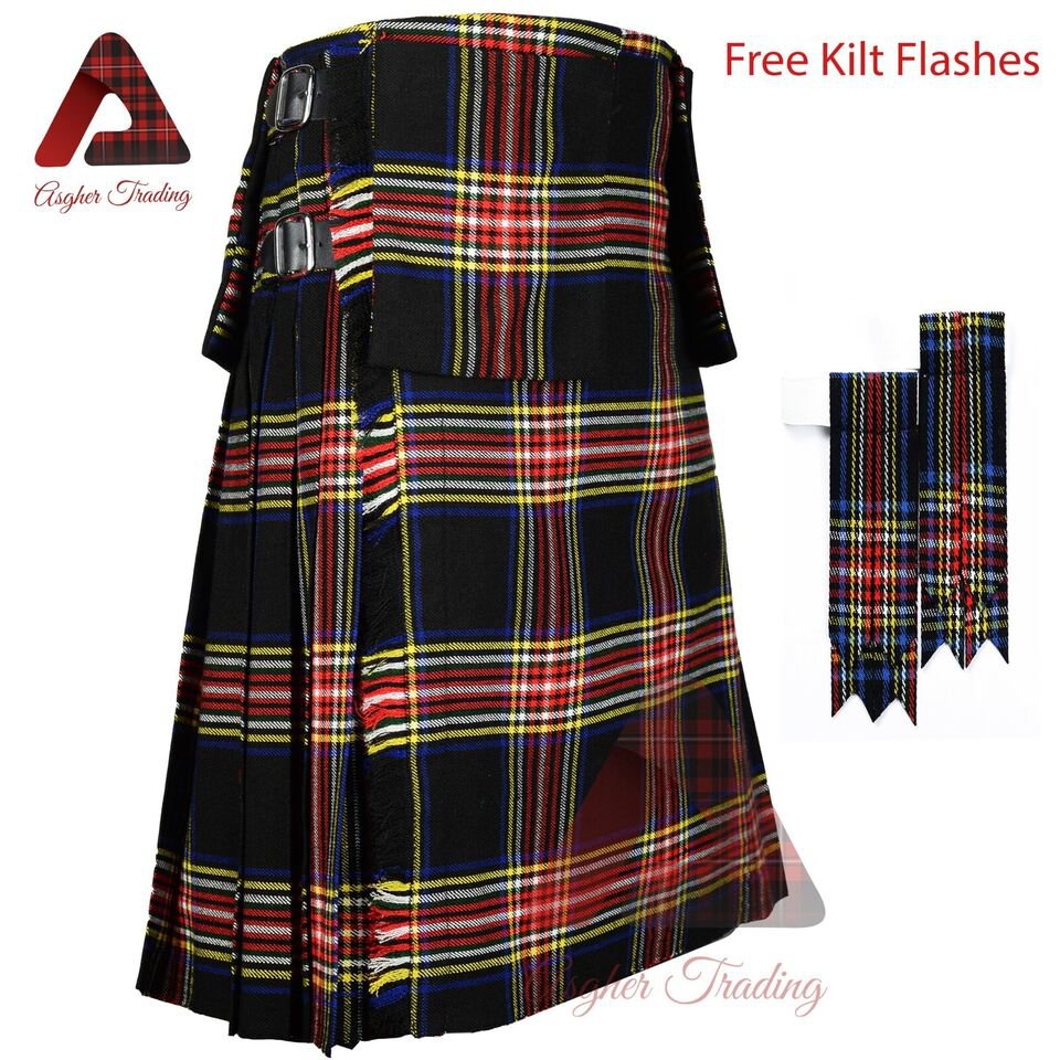 Scottish Handmade Traditional 8 Yard Kilt Black Stewart Tartan Kilt For ...