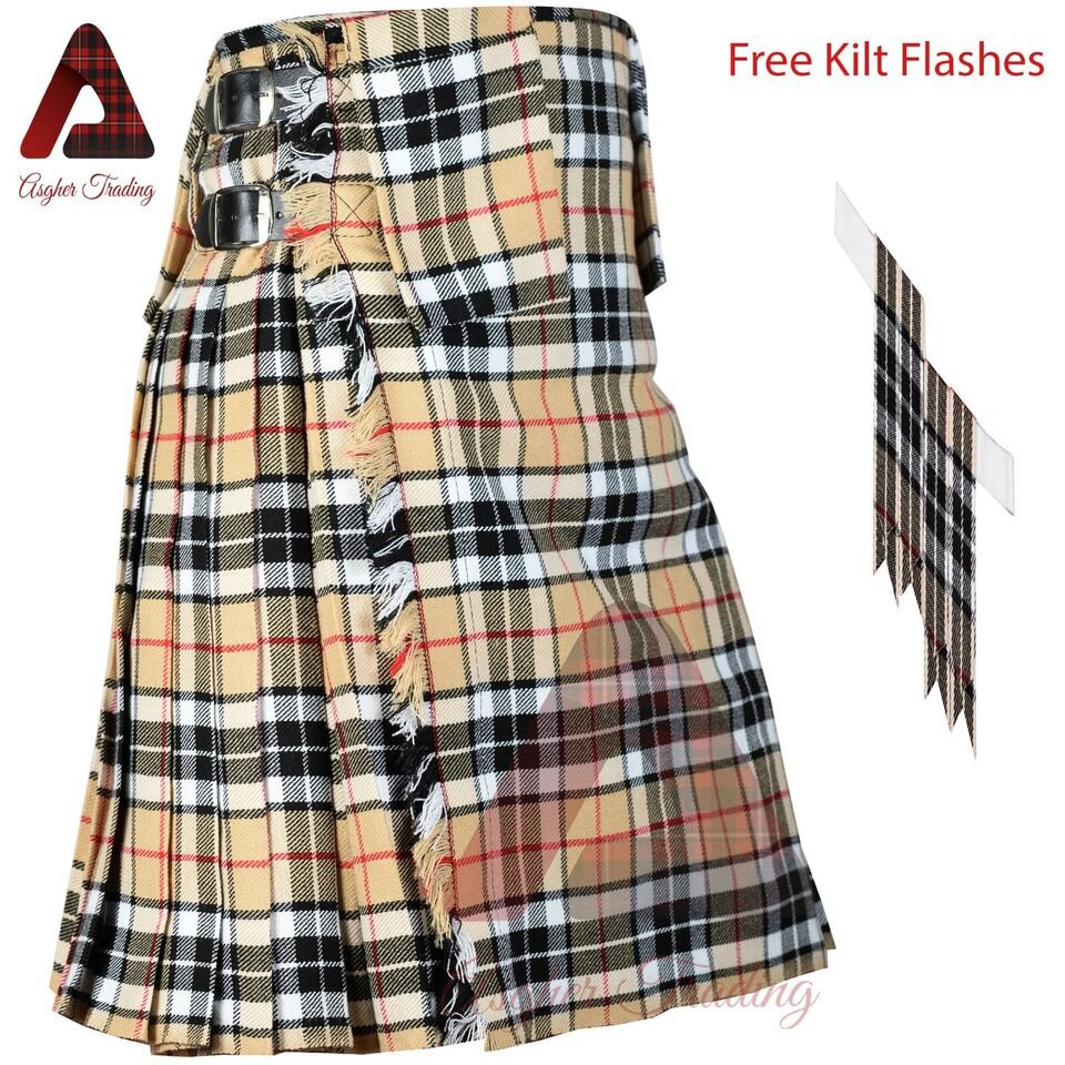 Scottish Handmade Traditional 8 Yard Kilt Camel Thompson Tartan Kilt For Men's Free Flashes