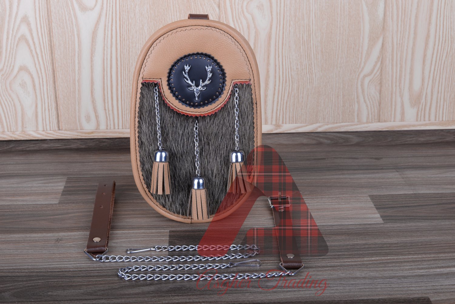 Scottish Traditional Handmade Kilt SPORRAN Stag Head Badge Tan Leather ...