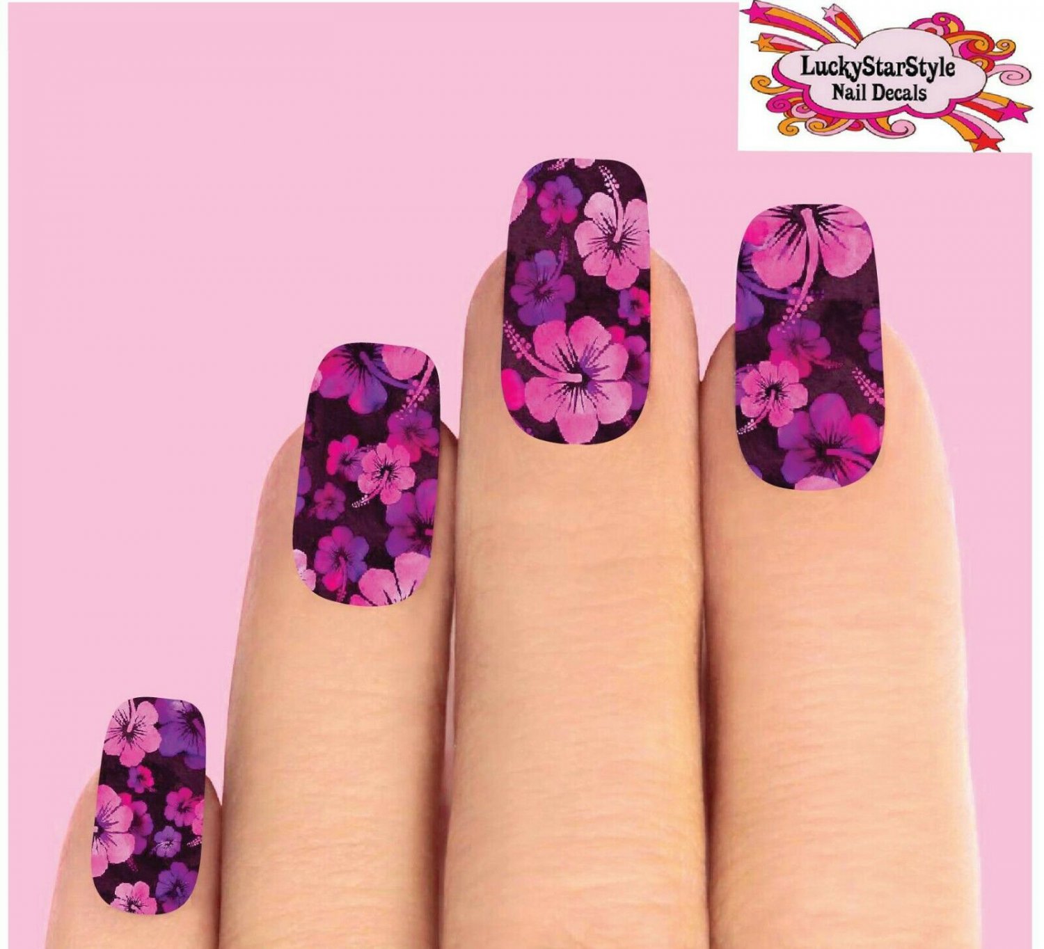 Waterslide Full Nail Decals Set of 10 - Pink Purple Hawaiian Hibiscus Flowers