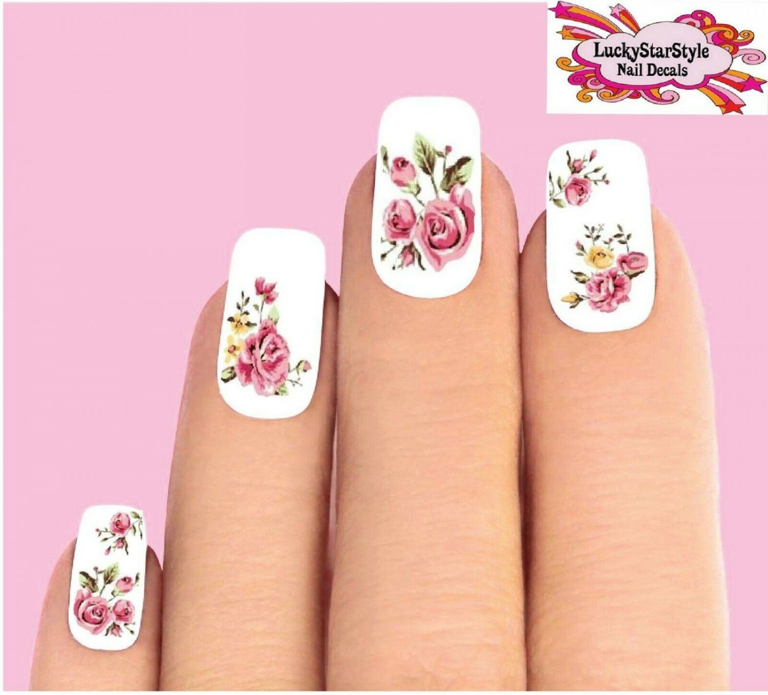 Waterslide Flowers Nail Decals Set of 20 - Pink & Yellow Roses Assorted
