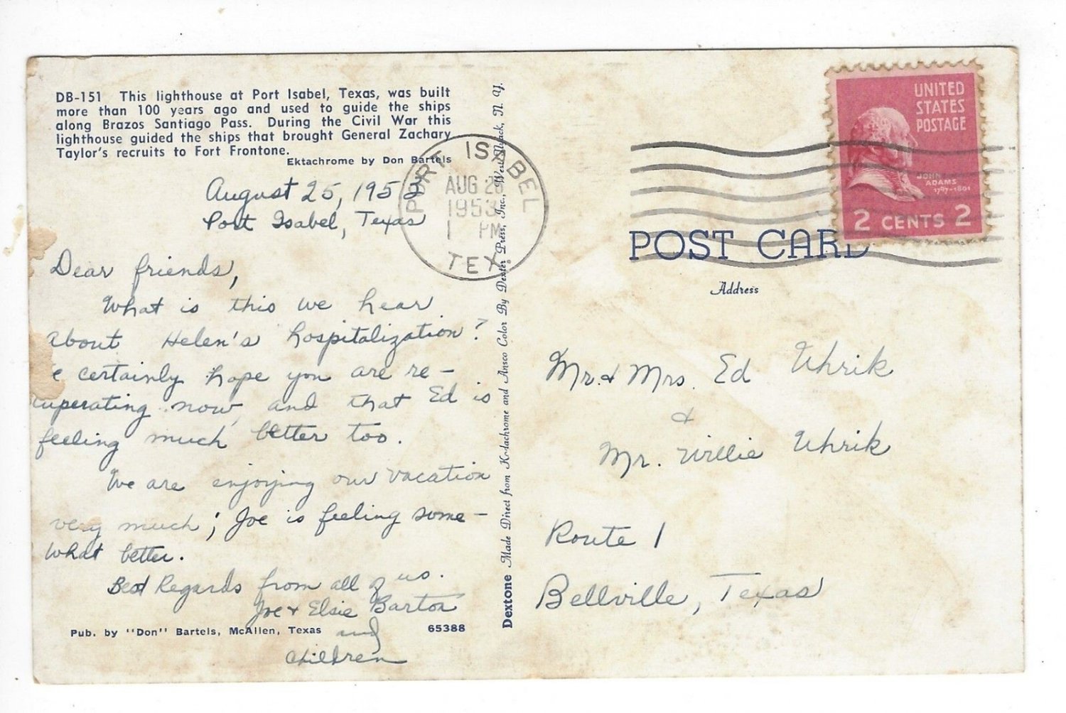 Postcard Chrome 1953 Lighthouse at Port Isbel, Texas Don Bartels ...