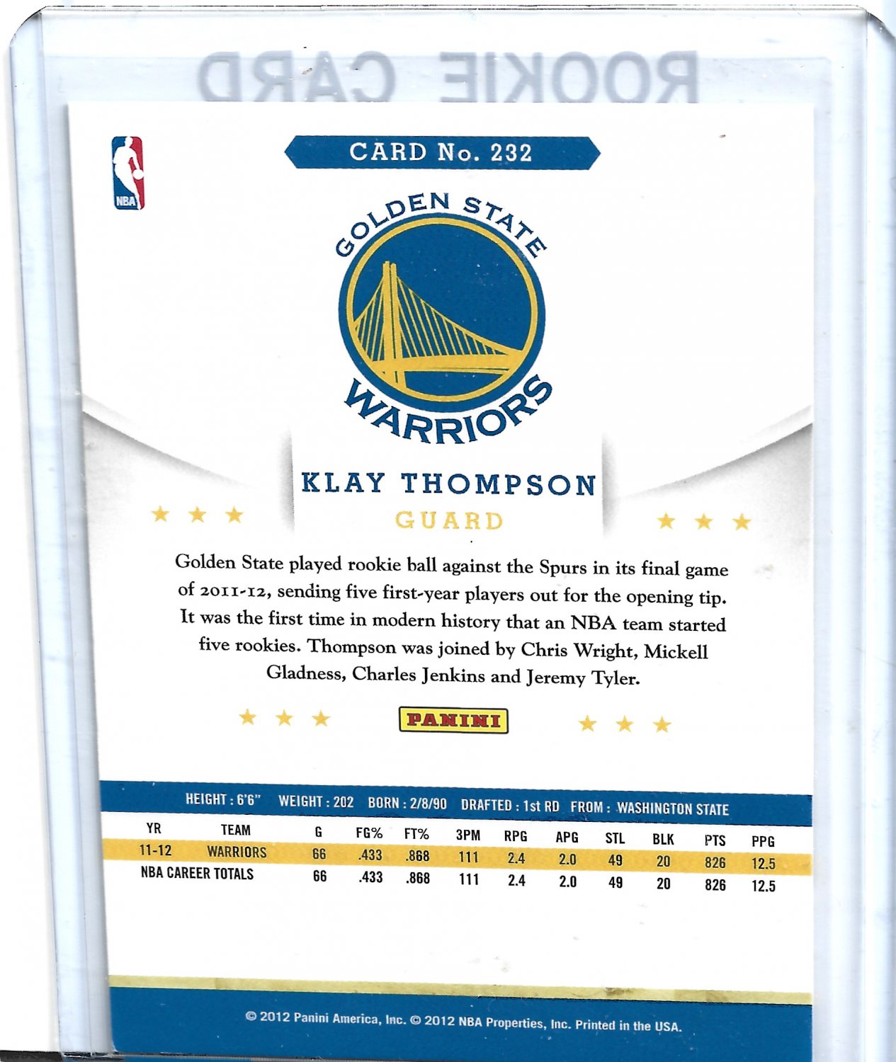 KLAY THOMPSON #232 RC ROOKIE