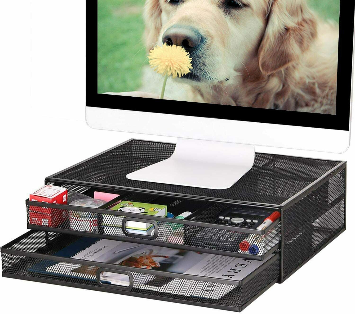 Monitor Stand Riser with Drawer - Metal Mesh Desk Organizer with Dual ...