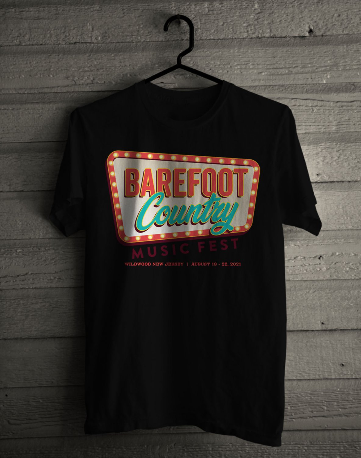 BAREFOOT COUNTRY MUSIC FESTIVAL AUGUST 2021 FRONT SIDE BLACK TEE SHIRT