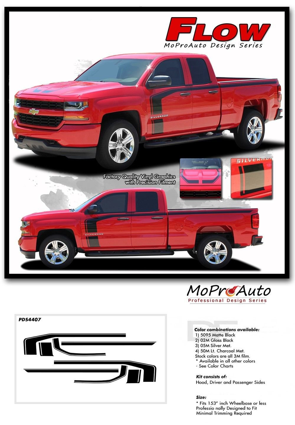 2016-2017 Chevy Silverado 1500 FLOW Decals Racing Stripe 3M Pro ...