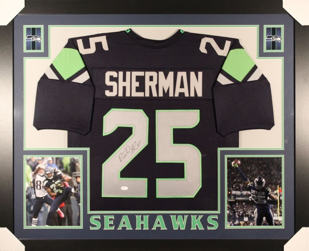 Richard Sherman Signed Seattle Seahawks 35" x 43" Custom Framed Jersey ...