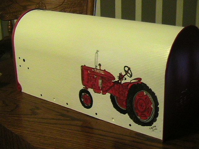 Handpainted Mailbox, FarmAll C Tractor,Barn,Road,Fence