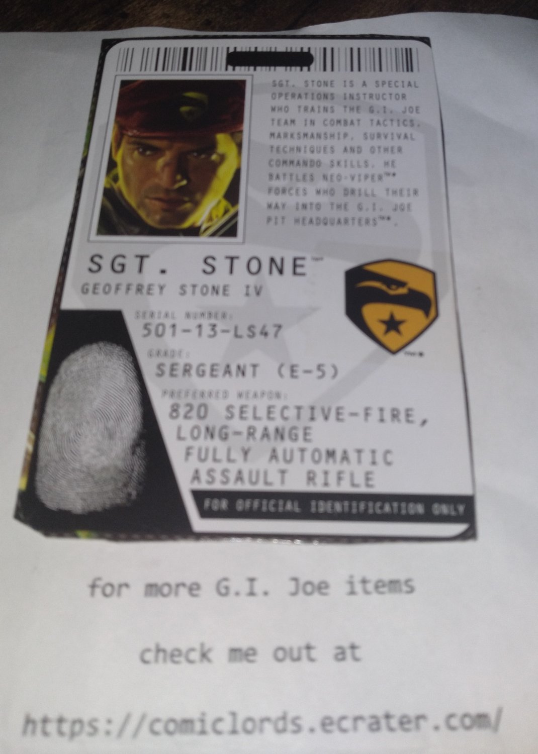 Sgt Stone v2 Filecard Rise of Cobra GI Joe G.I. Joe File Card