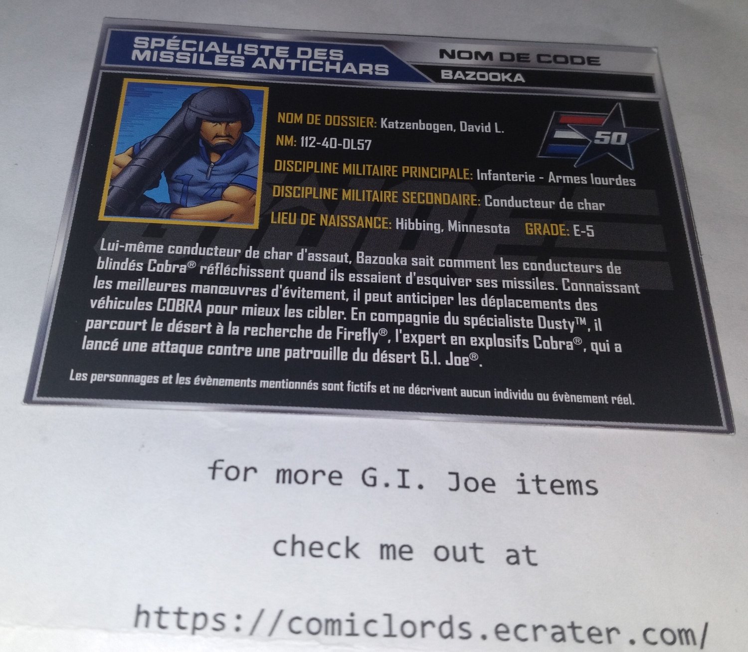 Bazooka V4 Filecard 50th Anniversary GI Joe G.I. Joe File Card