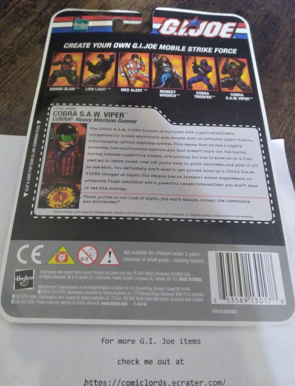Cobra S.A.W. Viper V3 DTC Uncut cardback Filecard GI Joe GIJOE File Card