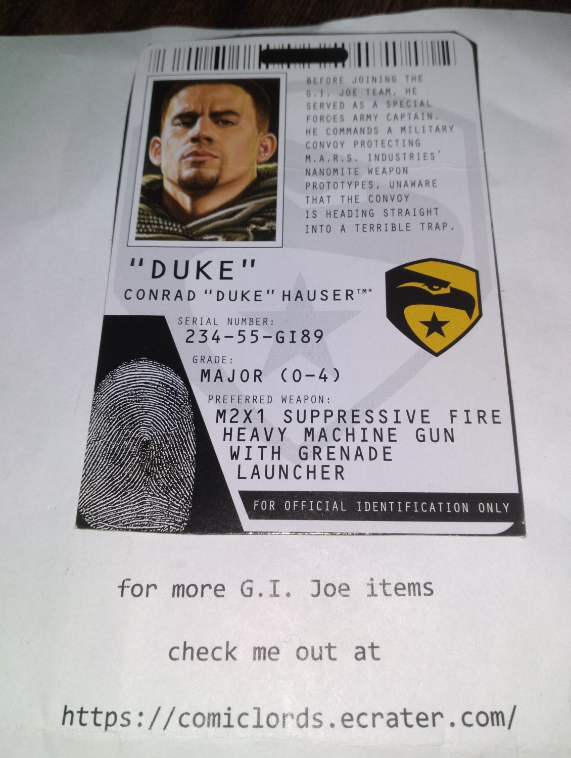 Conrad Duke Hauser V33 Filecard Rise of Cobra ROC GI Joe File Card