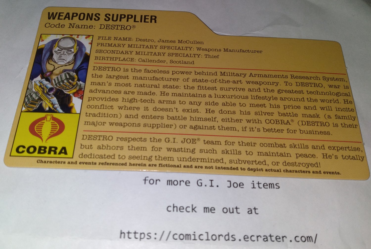 Destro V17 FileCard "From 2008 Comic Pack 2 Pack GI Joe G.I. Joe GIJOE ...