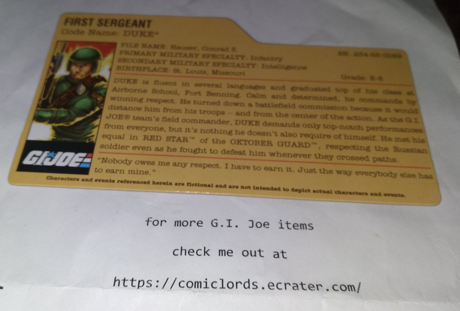 Duke V27 Filecard 25th Anniversary G.I. Joe GI JOE File Card
