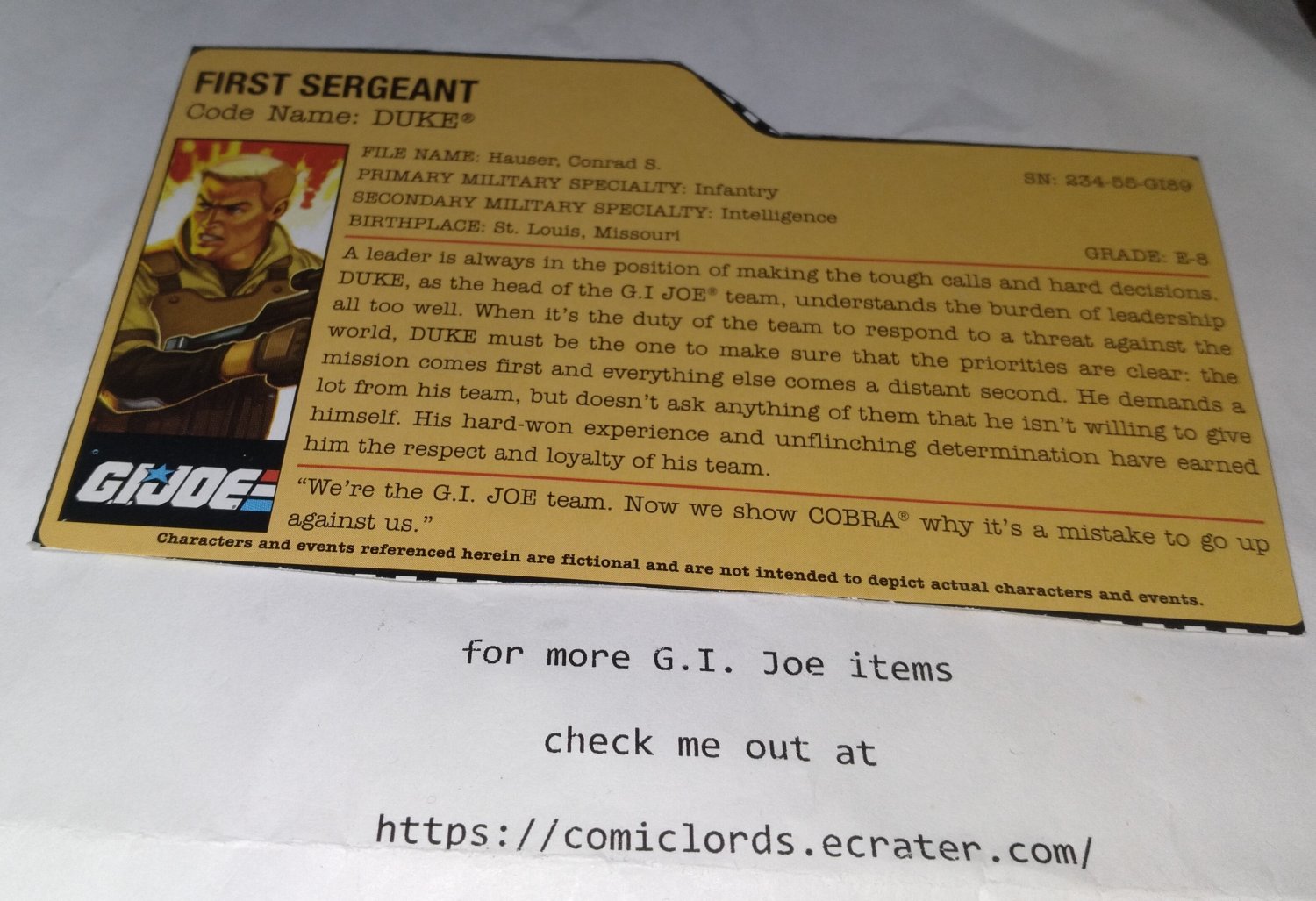 Duke V30 FileCard G.I. Joe Resolute 25Th Anniversary GI Joe File Card