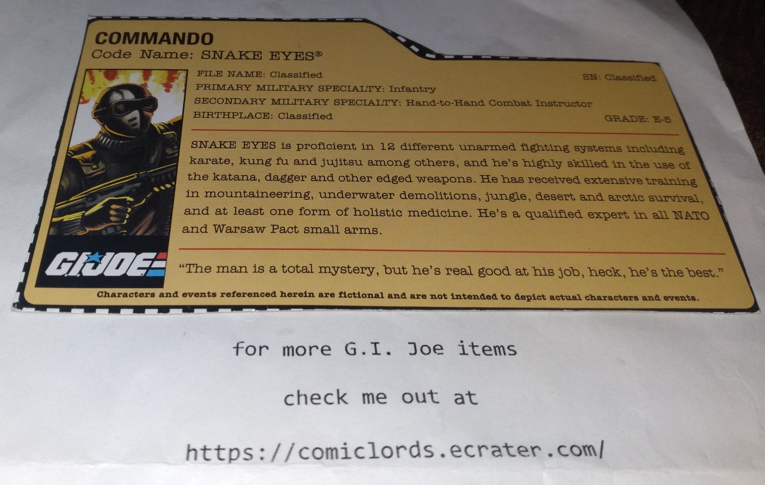 Snake Eyes V30 File Card GI JOE 25th Anniversary FileCard GIJOE