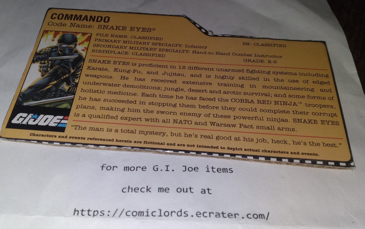 Snake Eyes V33 Filecard 25th Anniversary 2008 GI Joe G.I. Joe File Card