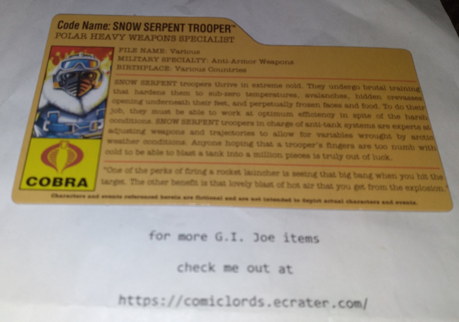 Snow Serpent V9B Filecard 25th Ann Extreme Conditions Arctic Assault GI Joe