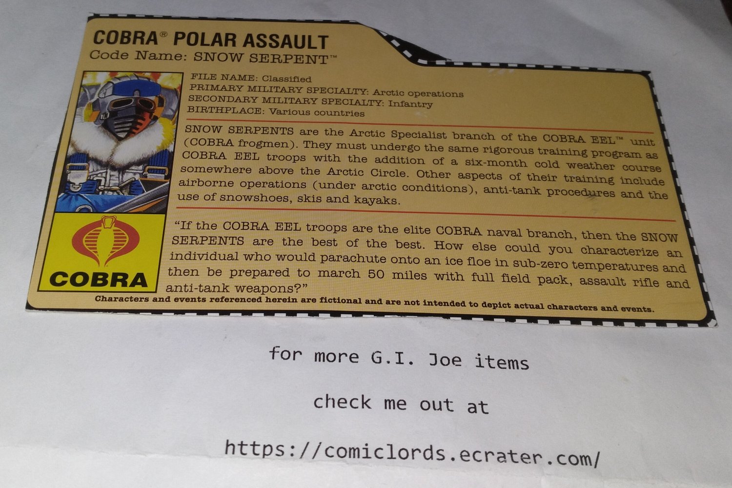 Snow Serpent V8 Filecard 25th Anniversary 2008 G.I. Joe GI JOE