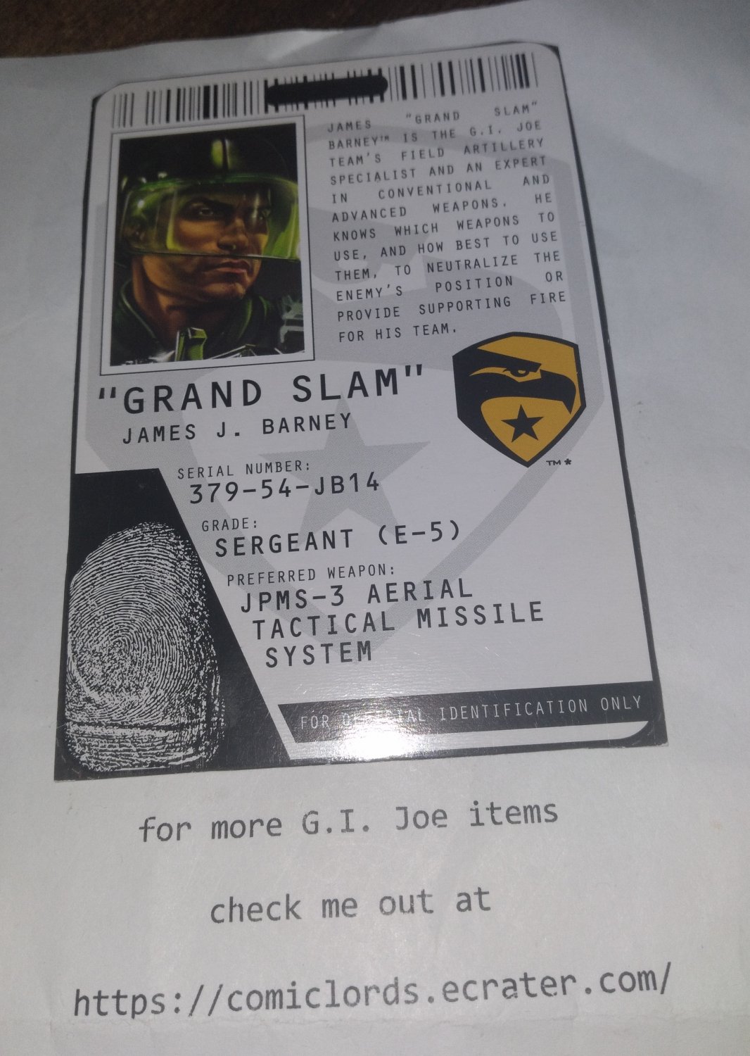 Grand Slam V7 Filecard Rise of Cobra 2009 GI Joe G.I. Joe File Card