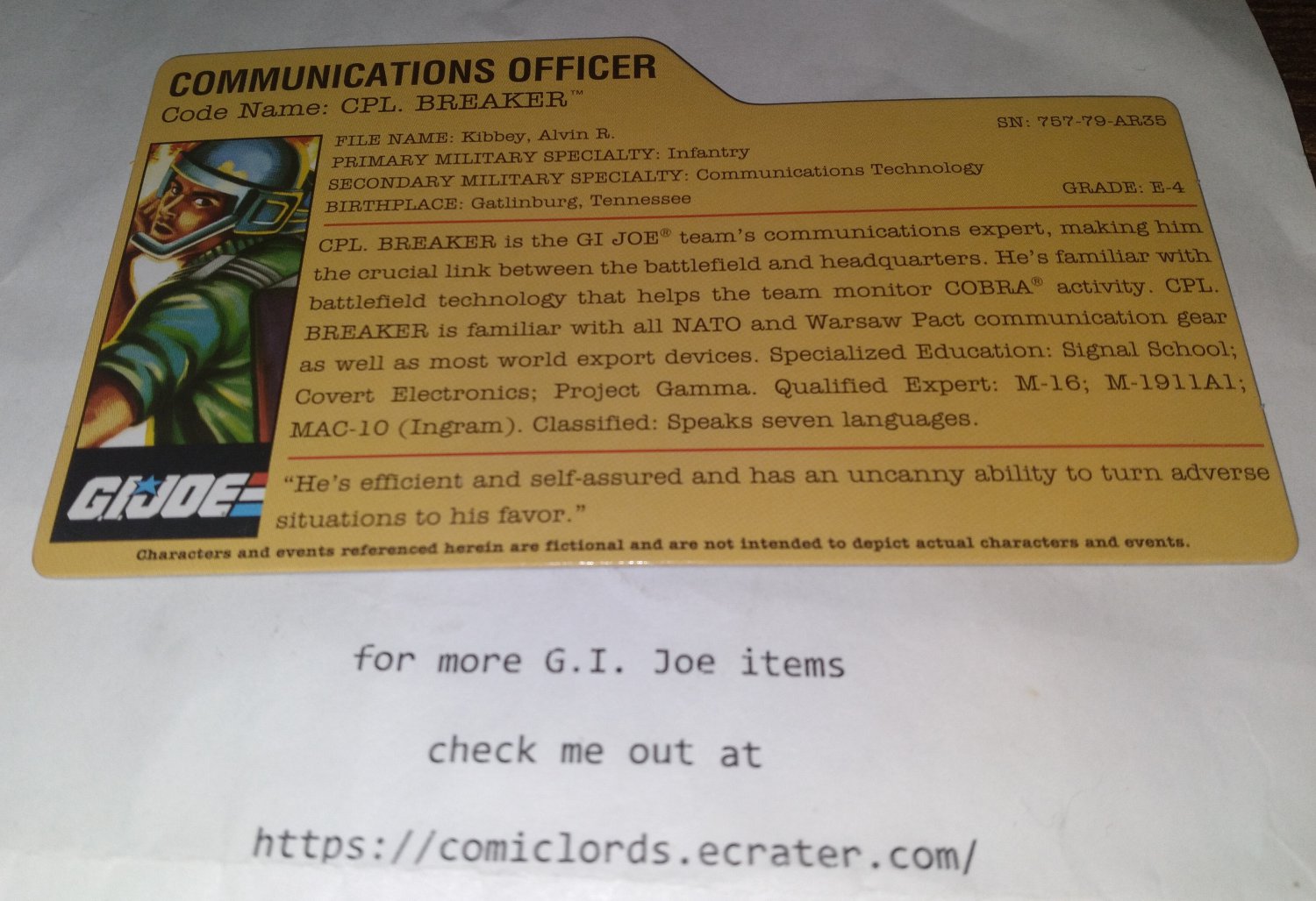 Cpl Breaker FileCard "From 2008 Comic Pack 2 Pack" GI Joe G.I. Joe File ...