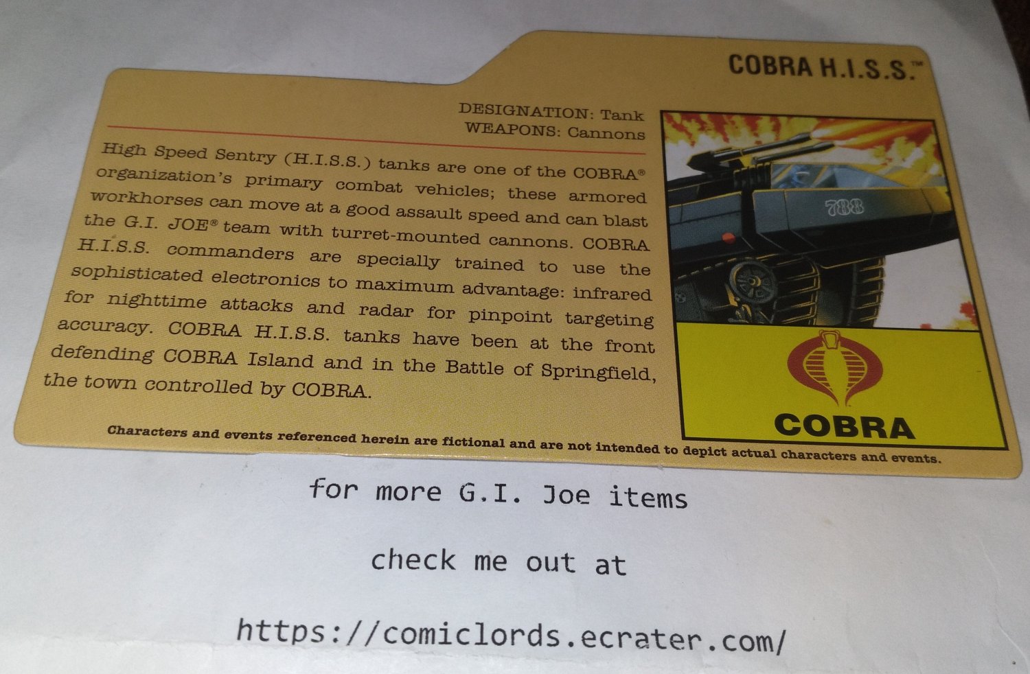 Cobra H.I.S.S. Filecard 25th Anniversary GIJOE G.I.Joe GI Joe File Card