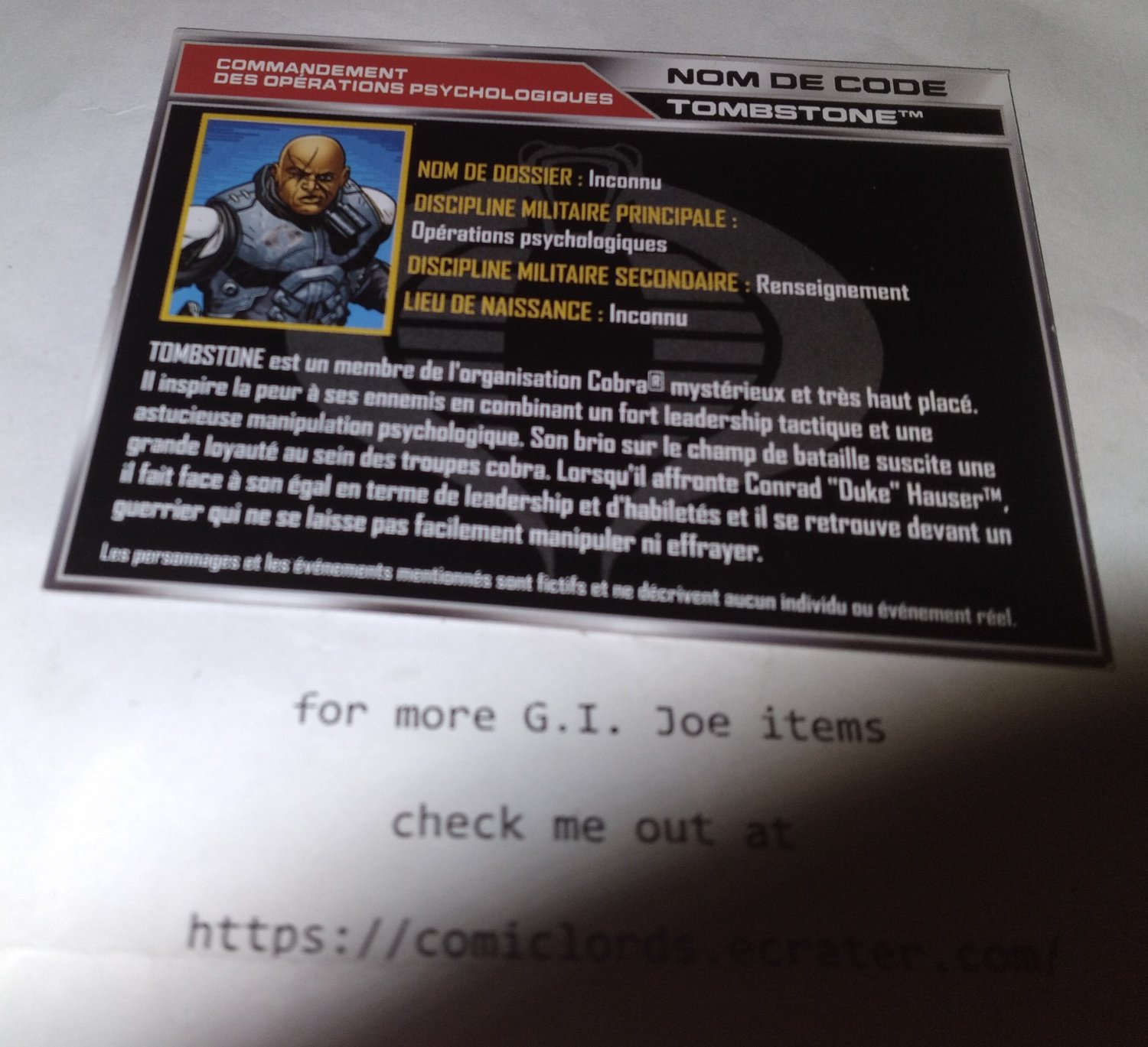 Tombstone File Card GI JOE 50th Anniversary FileCard GIJOE