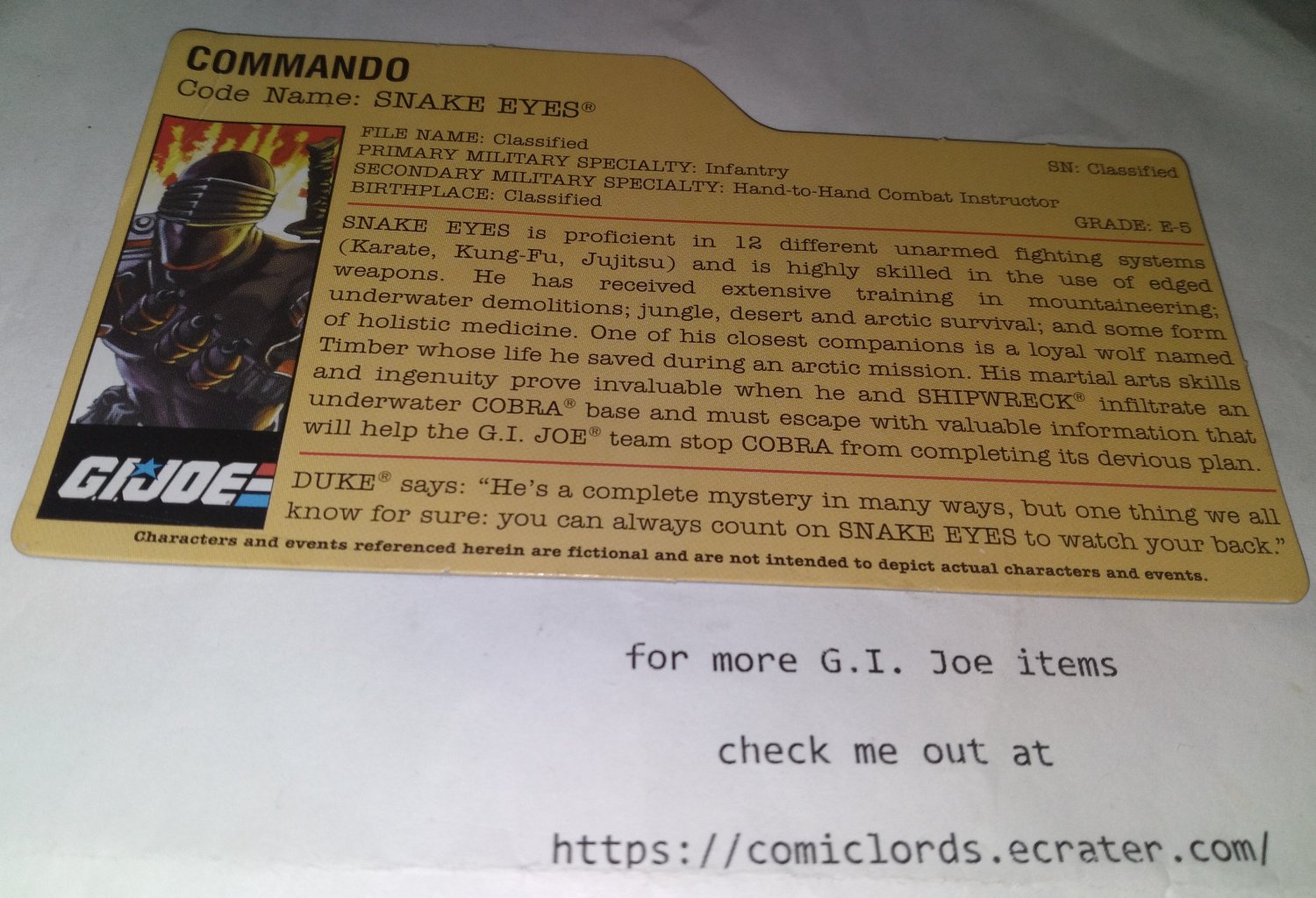 Snake Eyes V40 Filecard 25th Anniversary G.I. Joe GI JOE File Card