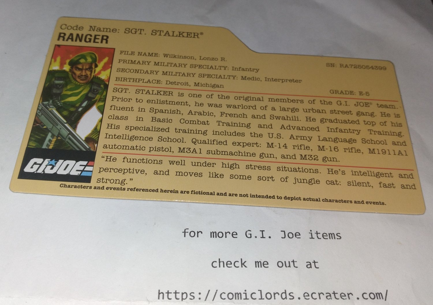 Sgt Stalker V11 Filecard From Ultimate Battle Pack 25th Ann GI Joe G.I. Joe