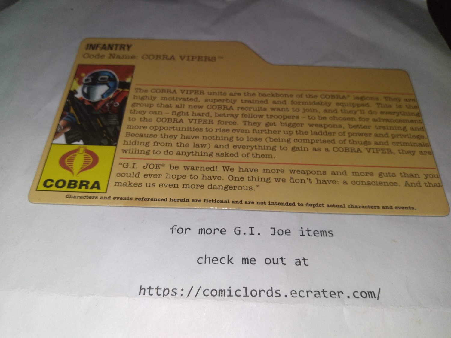 Cobra Viper V20 Filecard 25th Ann 2009 G.I. Joe GI JOE File Card