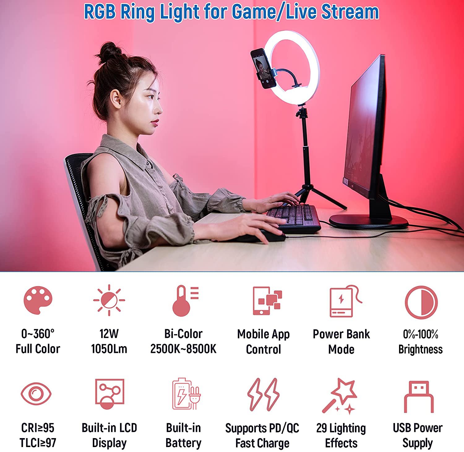 RGB Ring Light 10 Inch, App Control Multi Colored RGB Ring Light with ...
