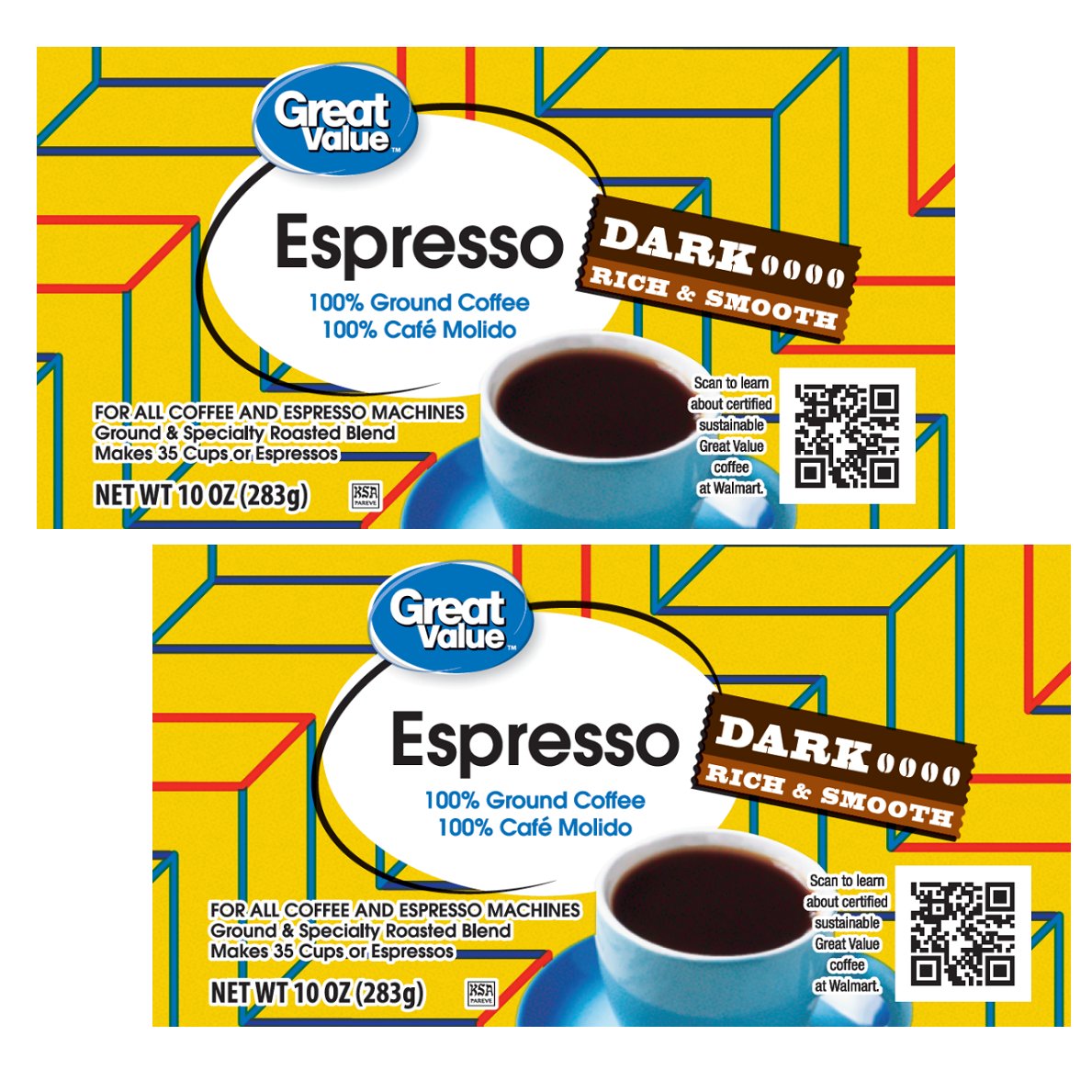 Great Value Espresso Ground Coffee Dark Rich & Smooth 10 Oz Brick 2 Bricks Great Value Espresso Ground Coffee Dark Rich & Smooth 10 Oz Brick 2 Bricks