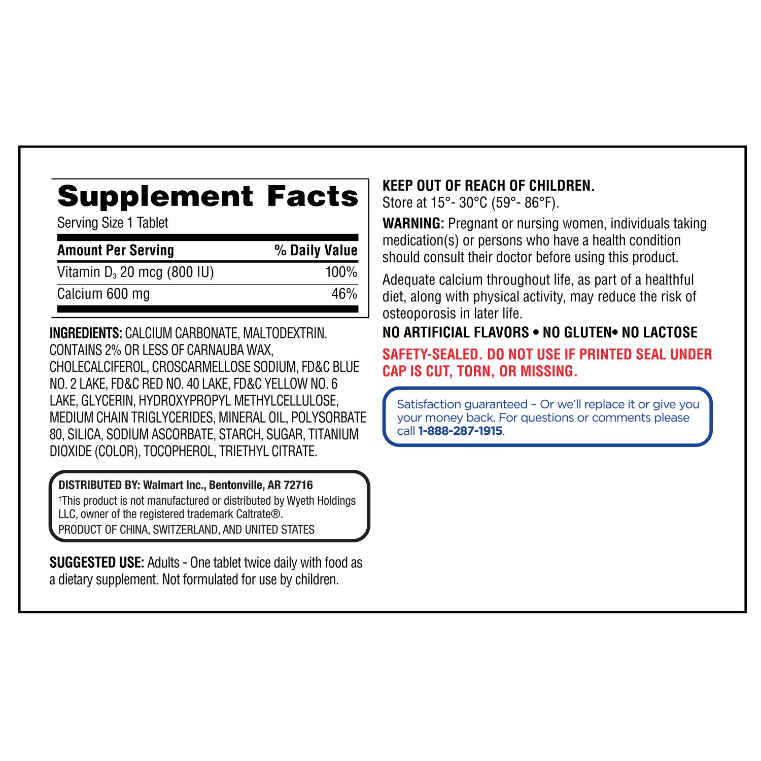 Equate Bone Health Calcium 600 mg + D3 Tablets 120 Tablets