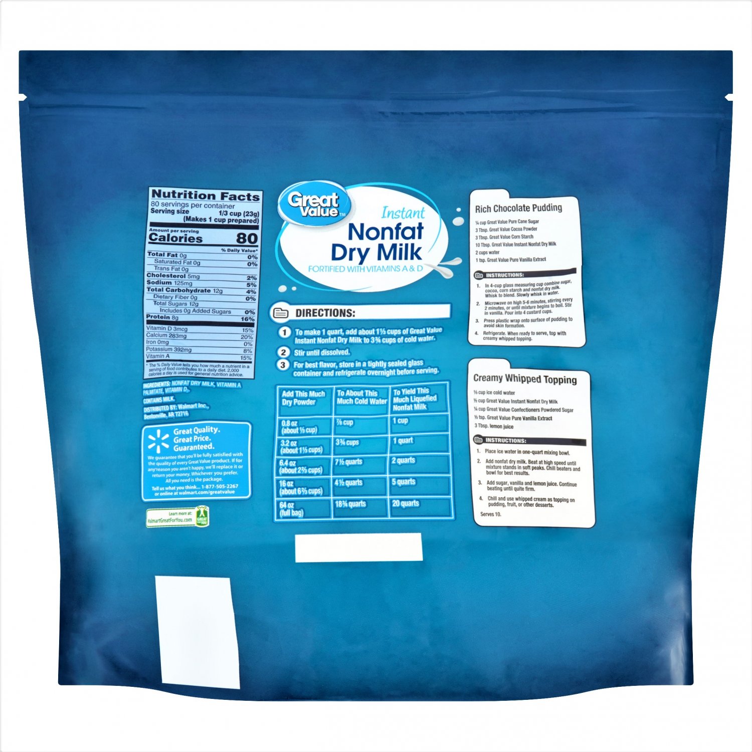 Great Value Instant Nonfat Dry Milk Vitamin A & D Calcium 64 oz Bag