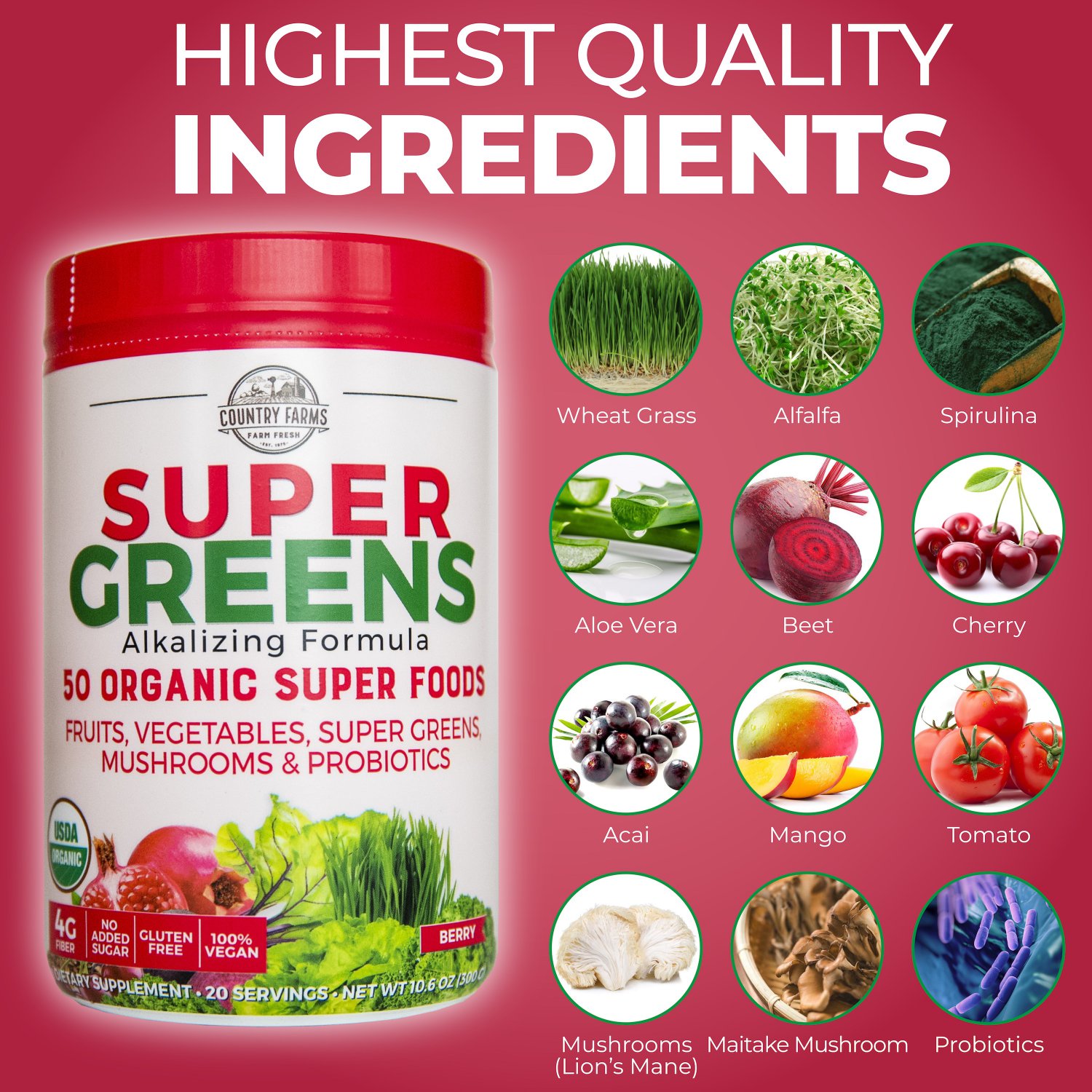 Country Farms Super Greens Drink Mix, Berry Flavor, 10.6 oz 20 Servings