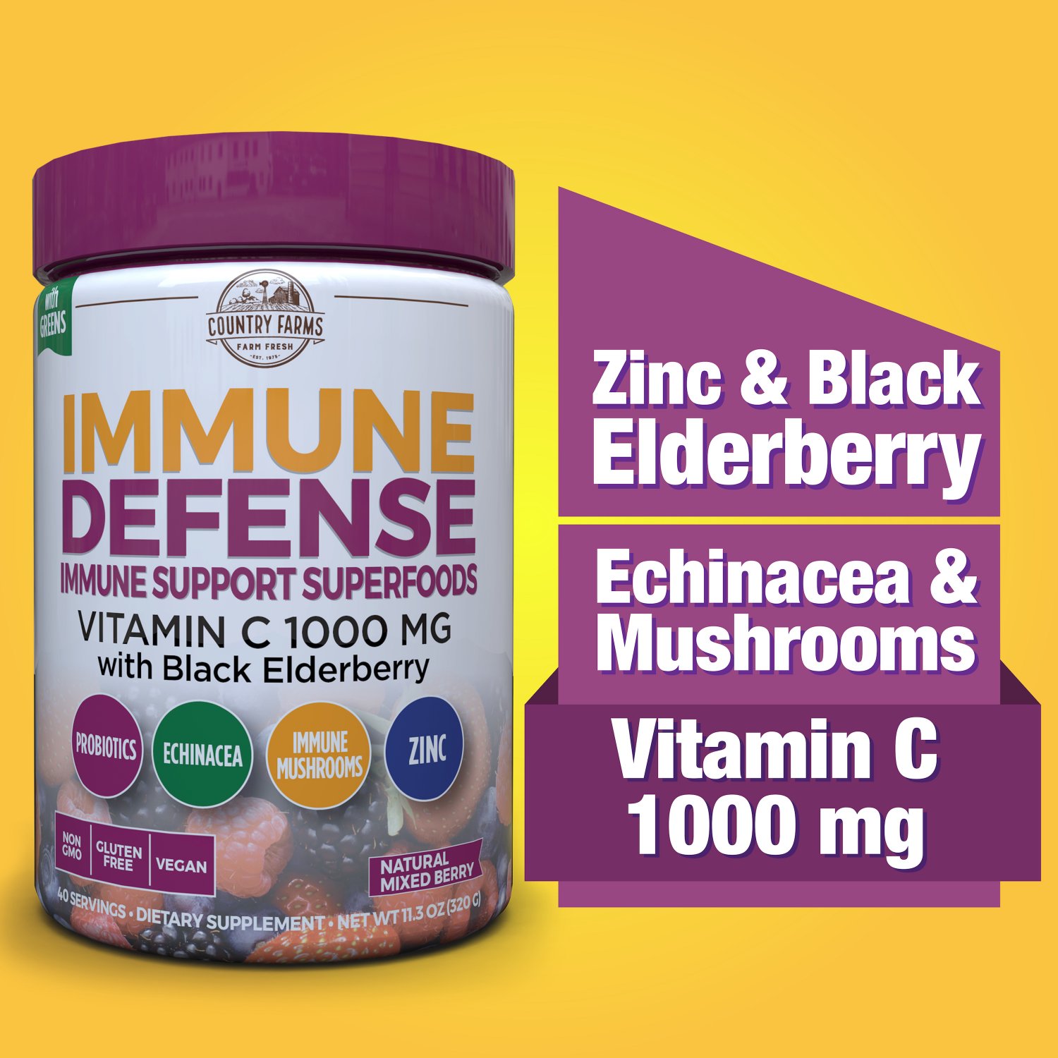 Country Farms Immune Defense Powder Superfood Berry Flavor 40 Servings