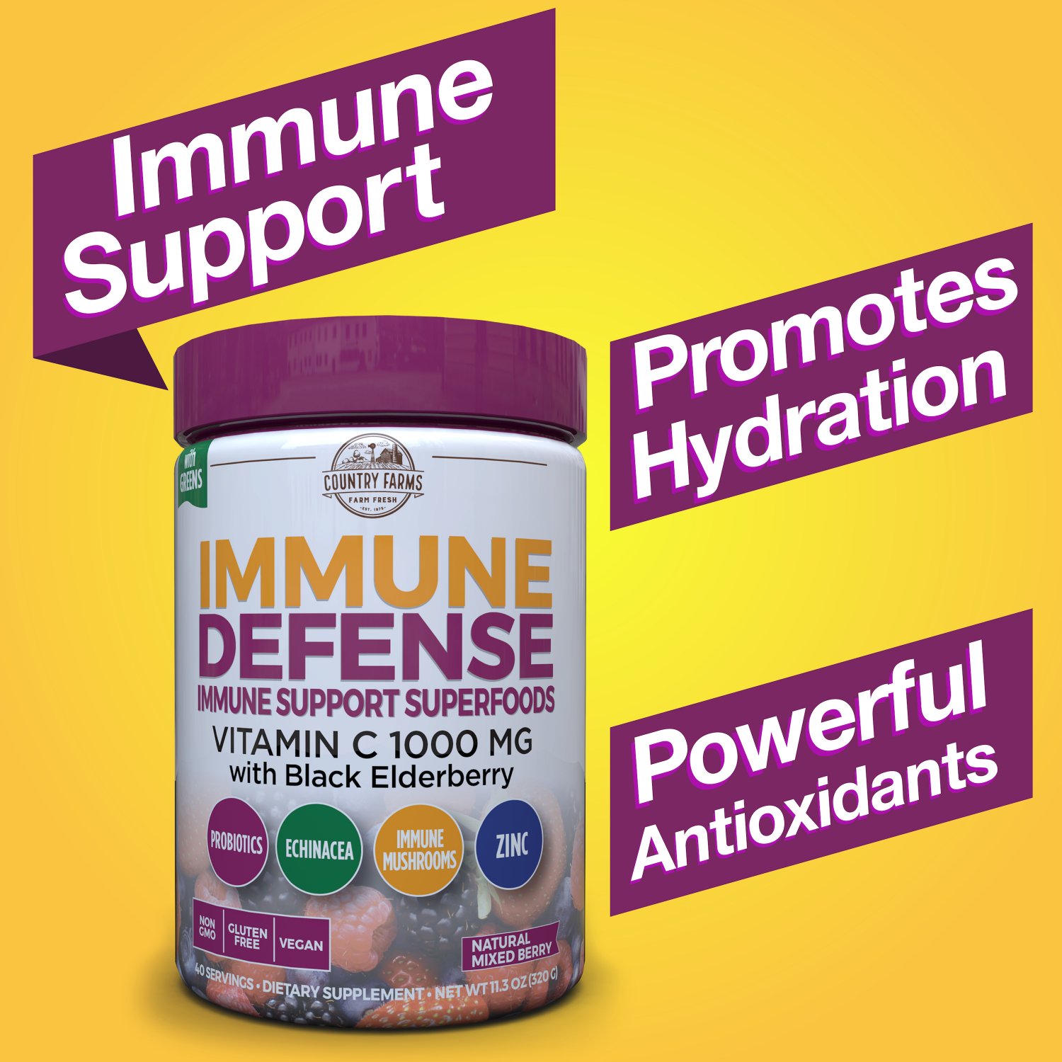 Country Farms Immune Defense Powder Superfood Berry Flavor 40 Servings
