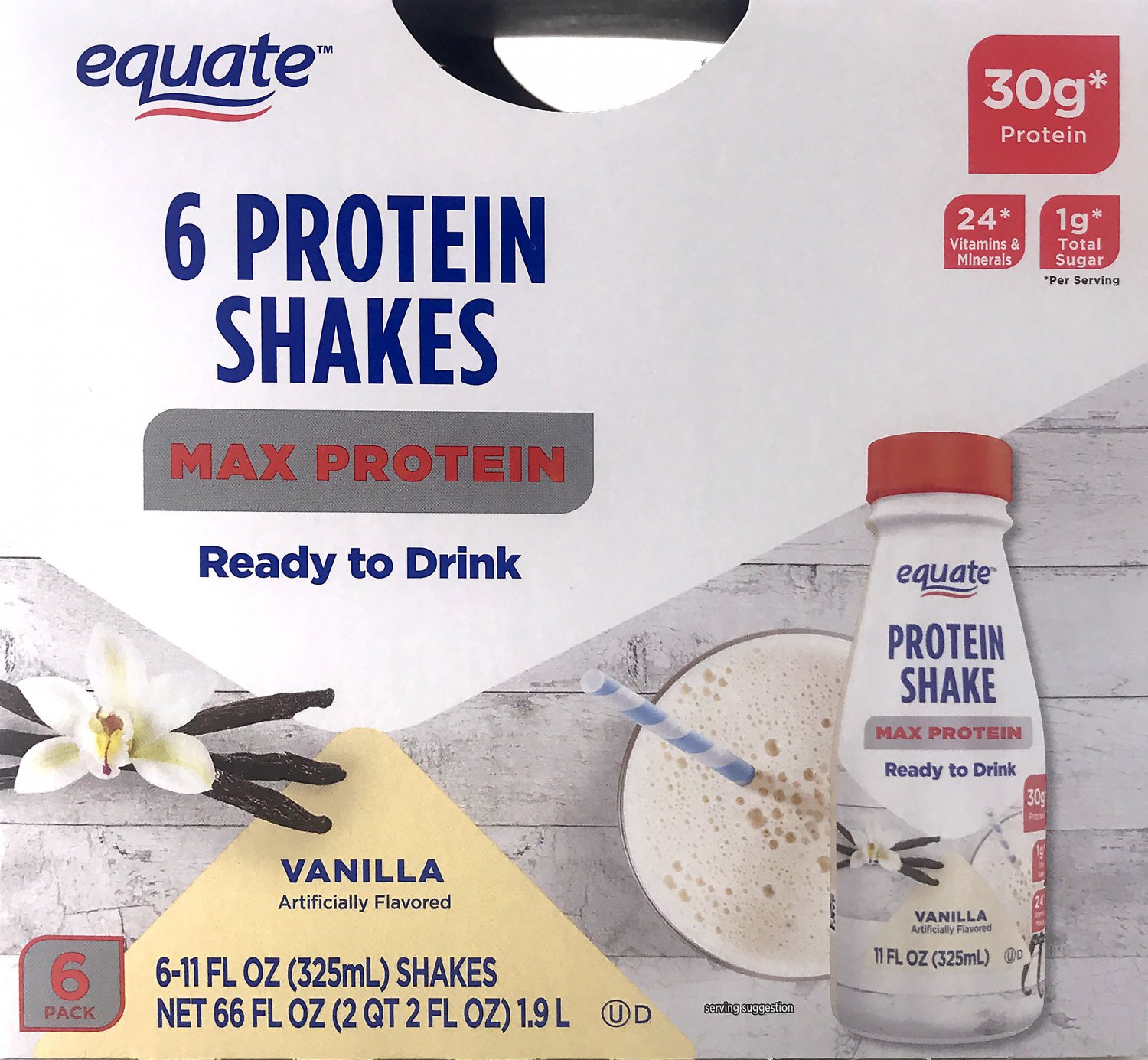 Equate Protein Shakes Max Protein Vanilla 30g Protein 1g Sugar 6 Bottles