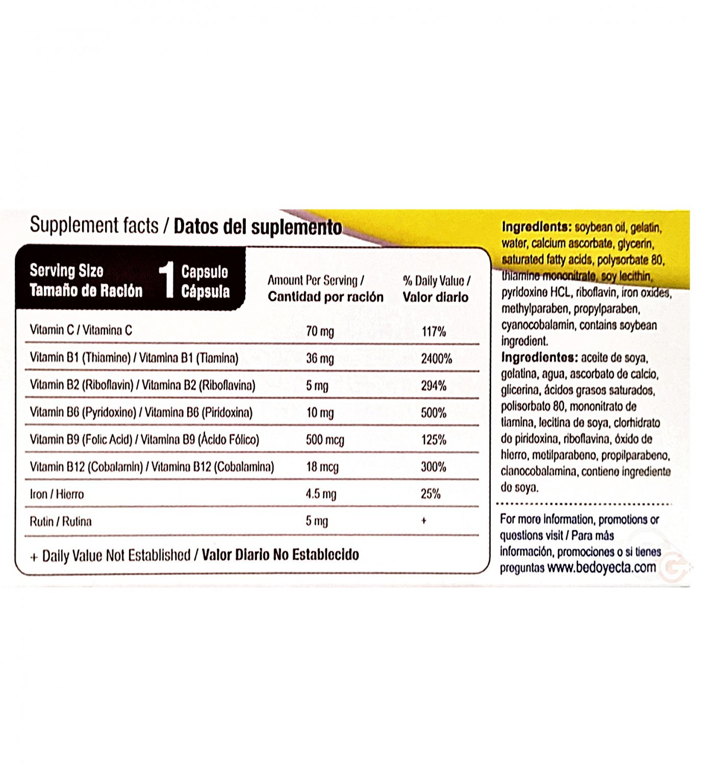 Bedoyecta Multivitamin w/ B 12 & Folic Acid 30 Capsules