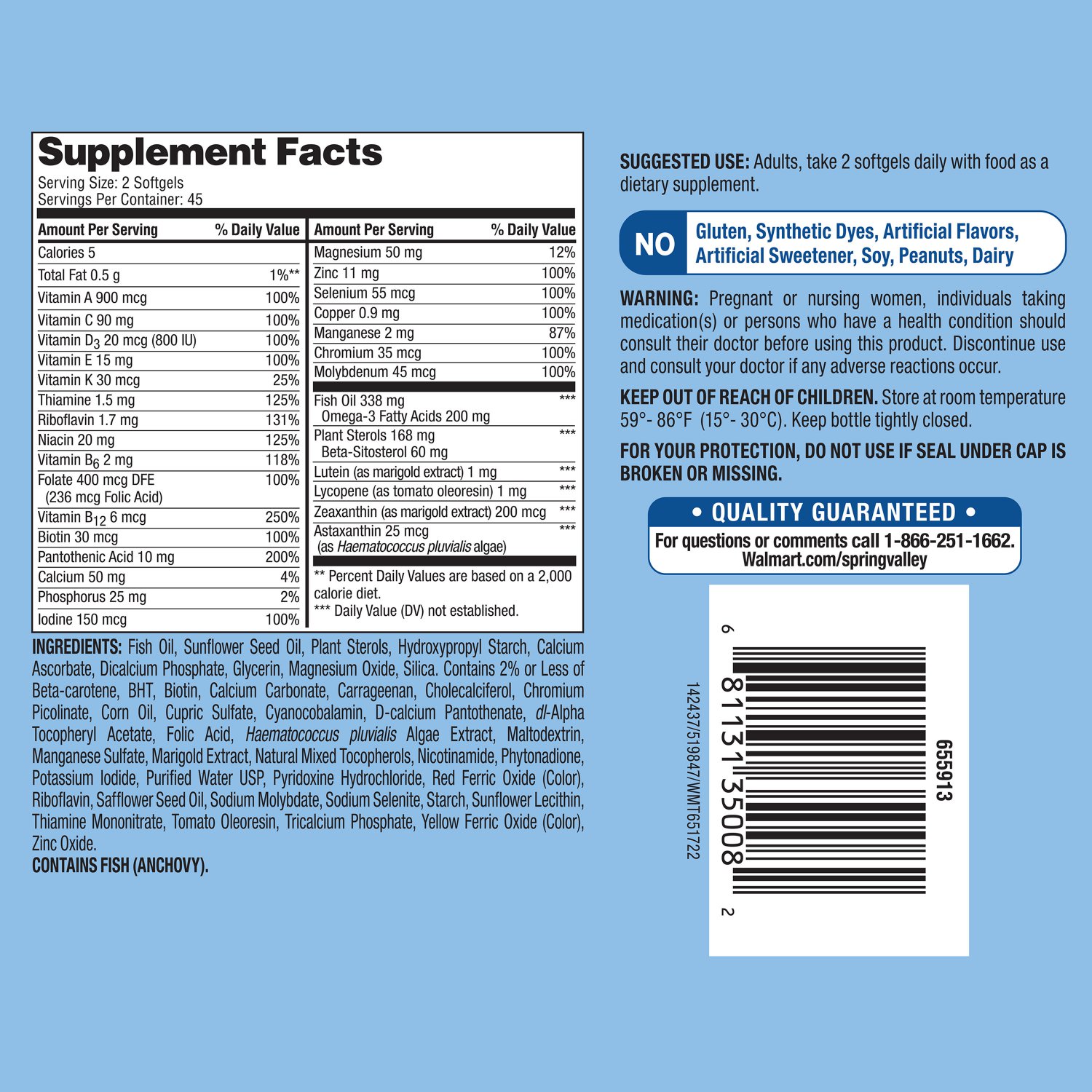 Spring Valley Men's Multi Vitamin + Omega-3 Heart/Brain/Eye Health 90 ...